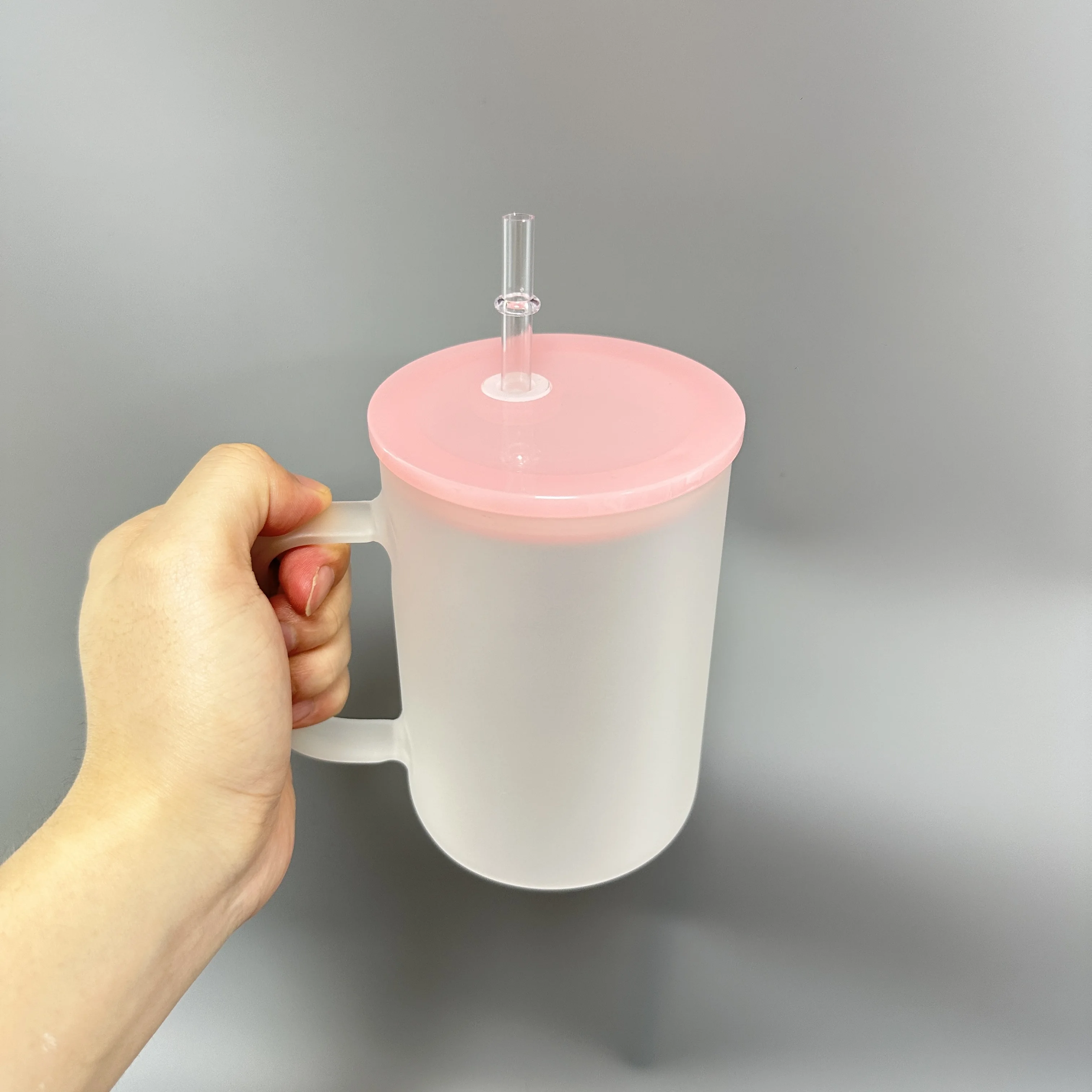 15oz Clear Frosted Glass Mugs with Colored Plastic Lid