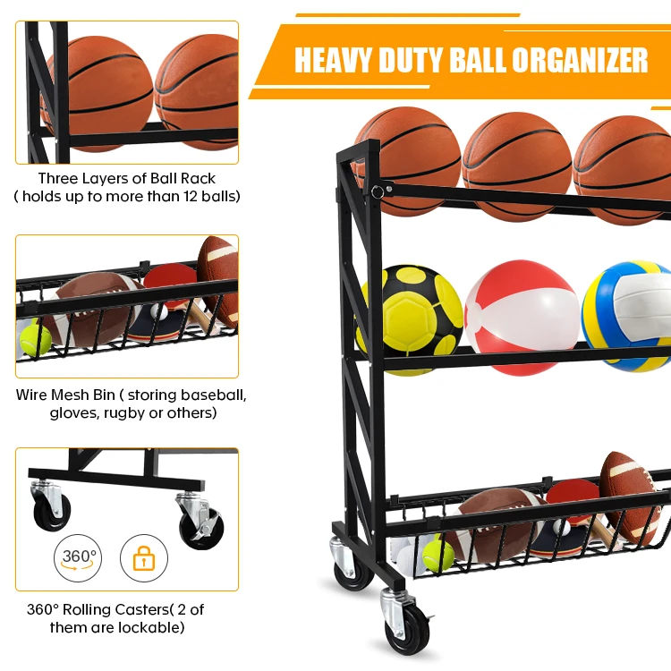 Jh-mech Garage Ball Storage Rack Rolling Basketball Racks With Baskets ...