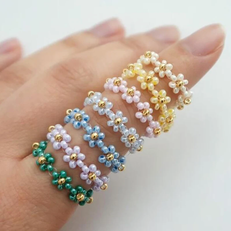 Wholesale Seed Beads Finger Rings Tiny Gold Beaded Colorful Flower Ring ...