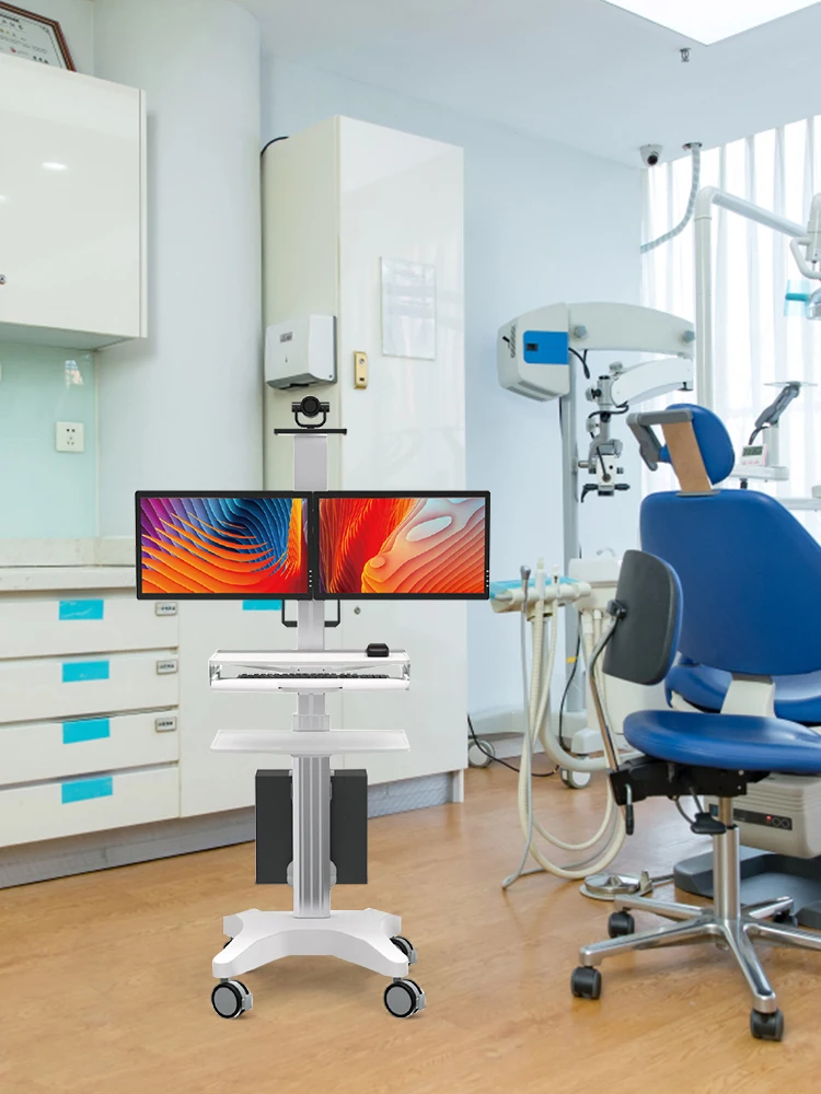 Mobile Double Monitor Mounts Workstation for Hospital Nurses