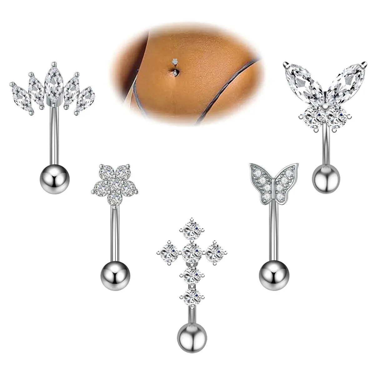 Set 5 Reversed Bar Butterfly Cross Zircons Belly Button Rings 14g ...