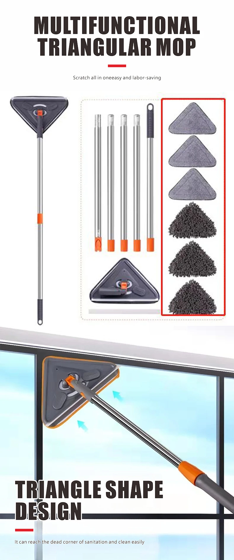 Household 360 Degree Rotate Triangular Mop Window Cleaner Long Handle ...