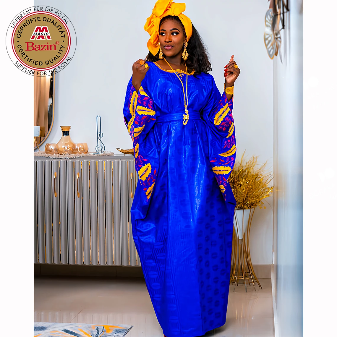 Blue Original Guipure Bazin Riche Dresses for African Women
