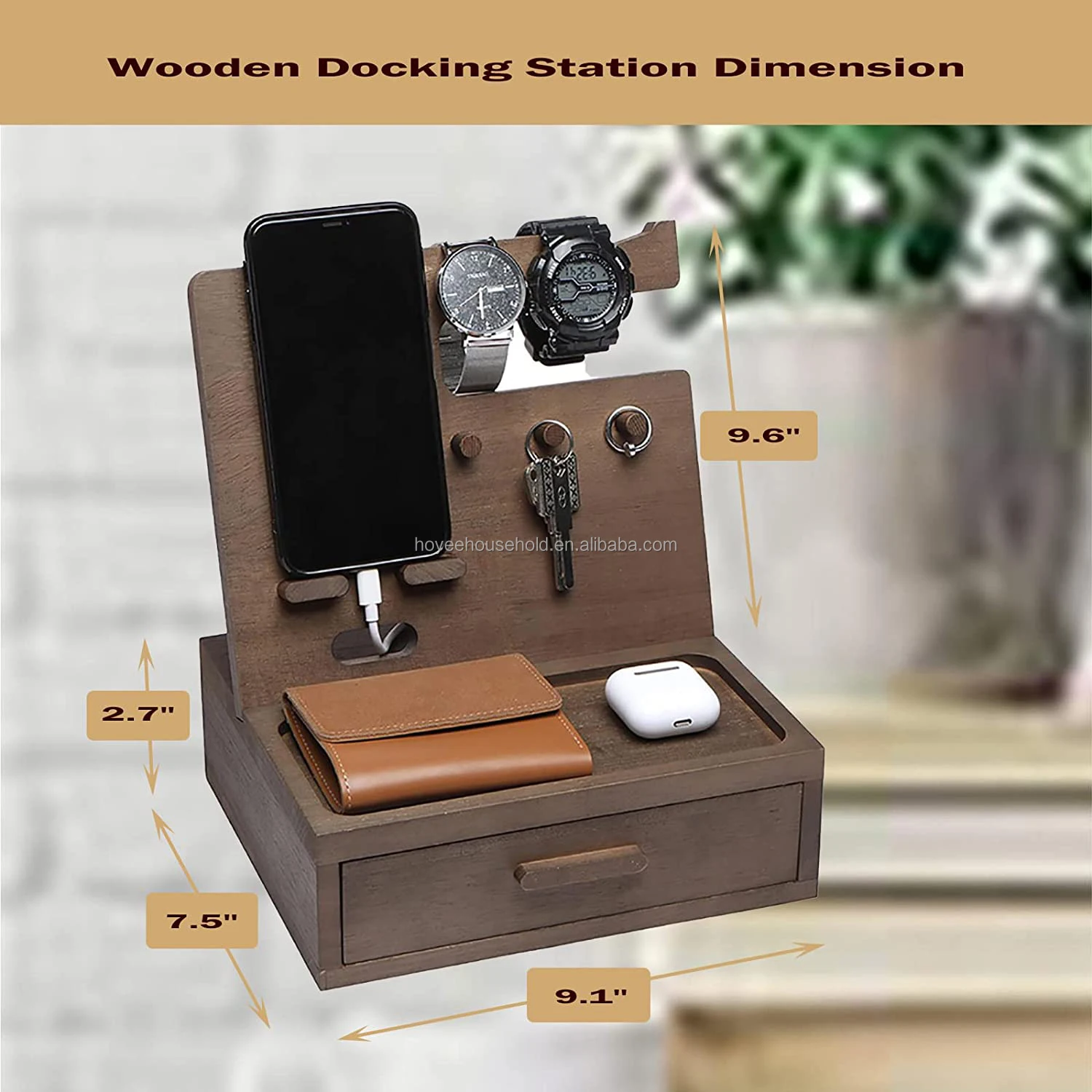 Men Phone Docking Station Bedside Nightstand Organizer Wooden Charging ...