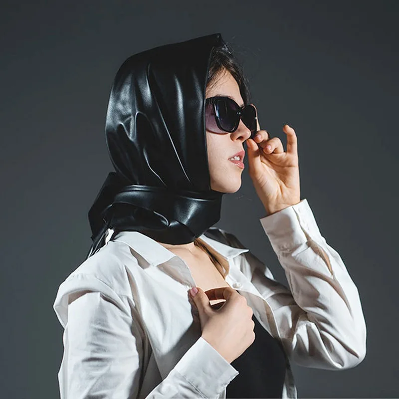 Women Black Leather Hijab - Trendy & Waterproof Headscarf