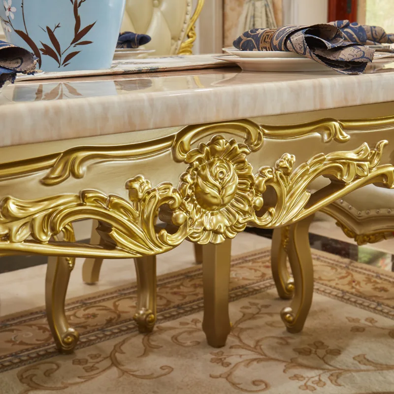 Luxury Gold Solid Wood Carved Dining Table Set with Marble Top & Chairs ...