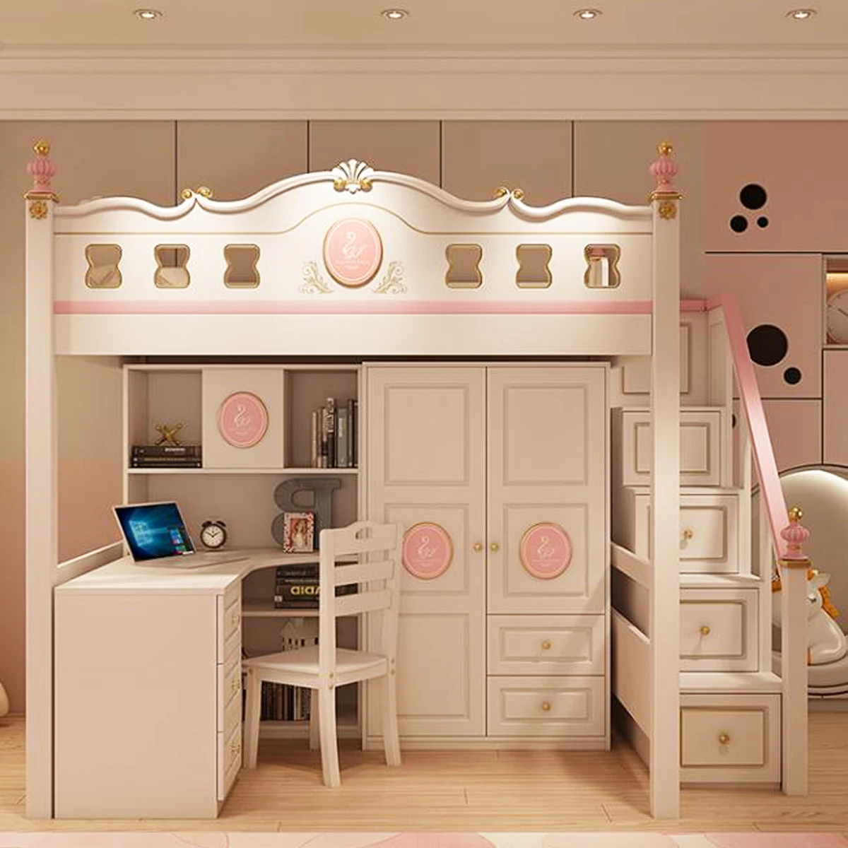 Modern Pink Loft Bunk Bed for Girls with Slide & Storage - Stylish Kids ...