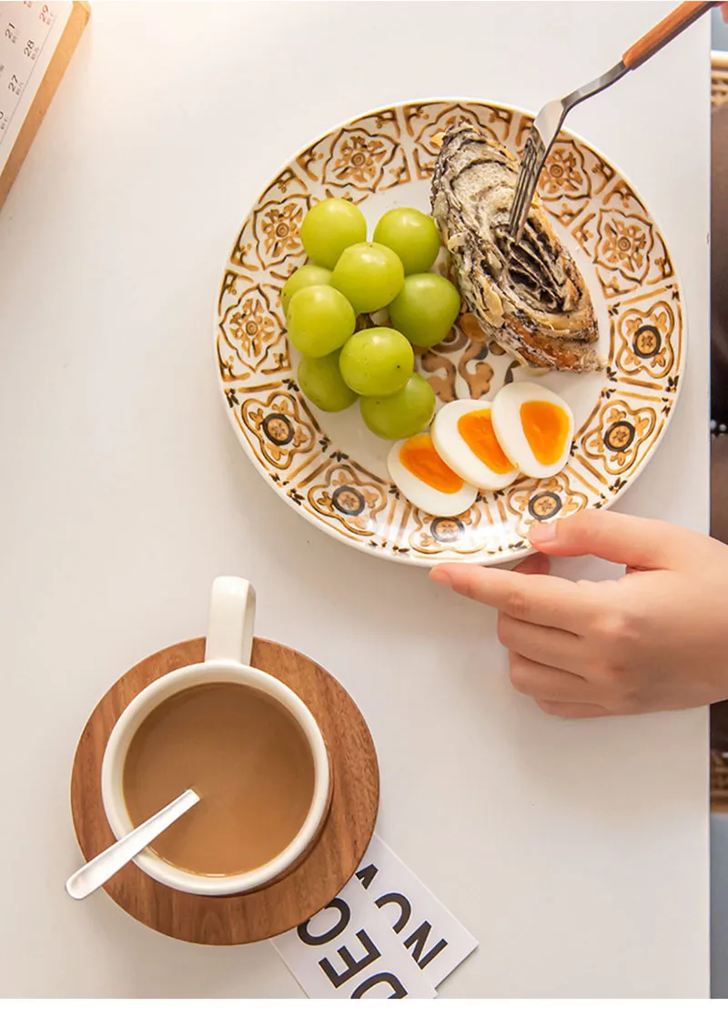 French Vintage Niche Pattern Coffee Cup & Acacia Wood Set
