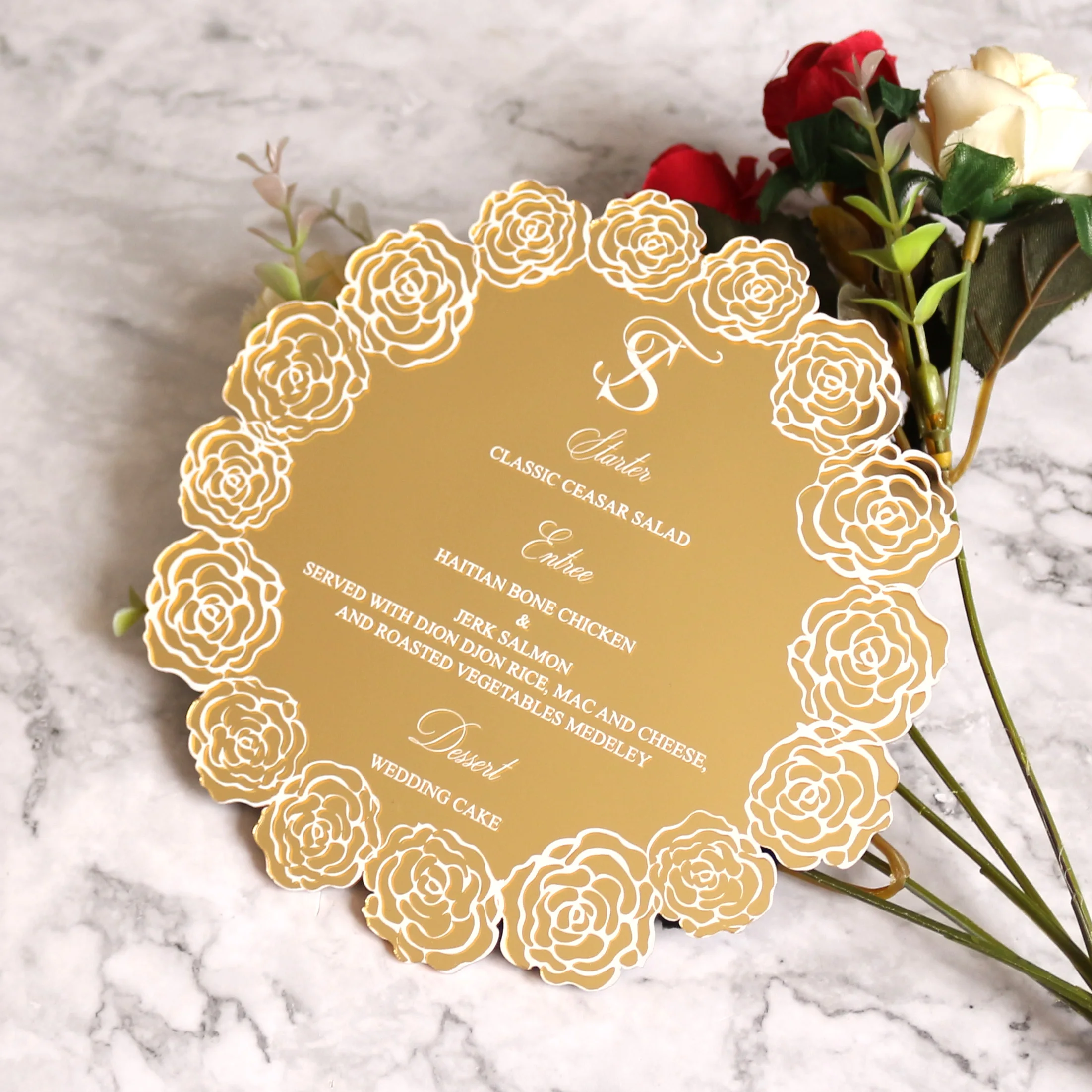 Elegant Wedding Menu Cards with Bling Gold Mirror Acrylic