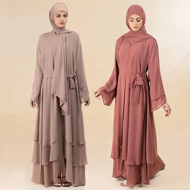 Custom Islamic Clothing 2 Pieces Kimono Muslim Hijab Chiffon Layered ...