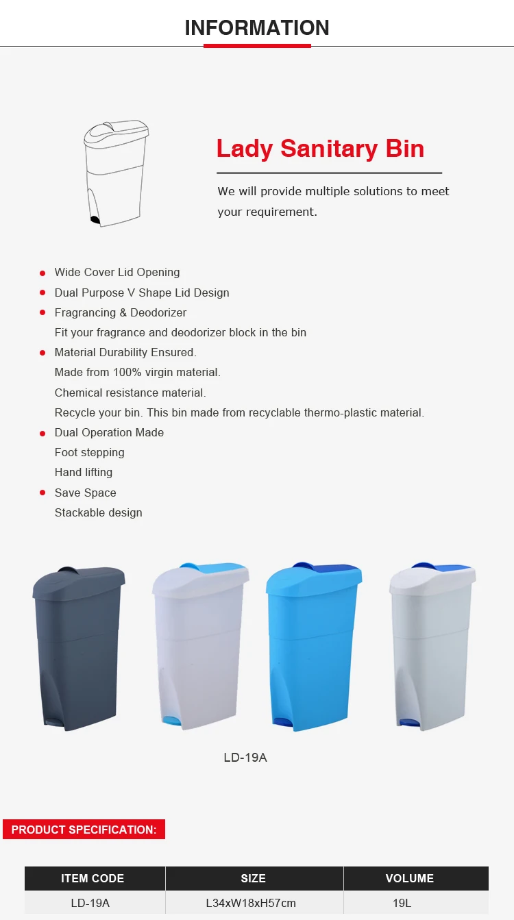 19L Plastic Female Hygiene Bin - Sustainable & Convenient