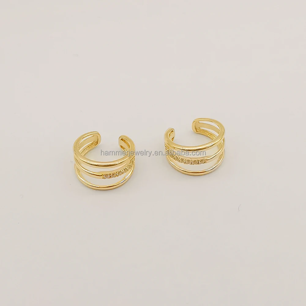 AU585 Real Gold Trendy Double Layered Ear Cuff 14K Solid Gold With Zircon Clip on Earring Ear ...