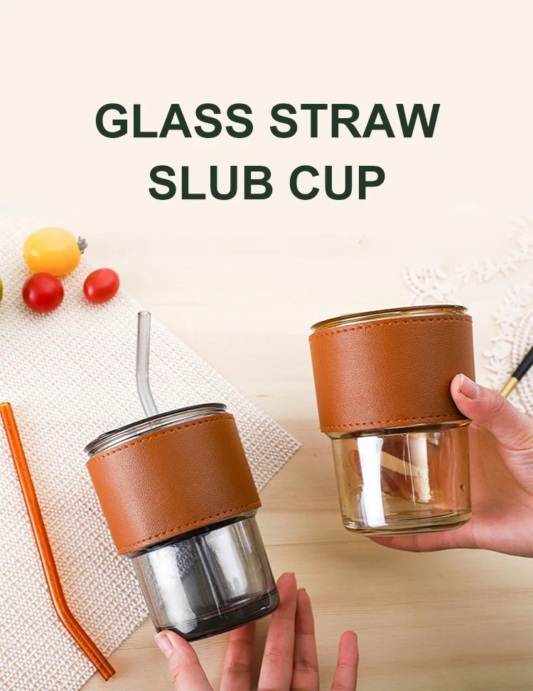 Wholesale 450ml Clear Glass Slub Cup with Lid & Straw