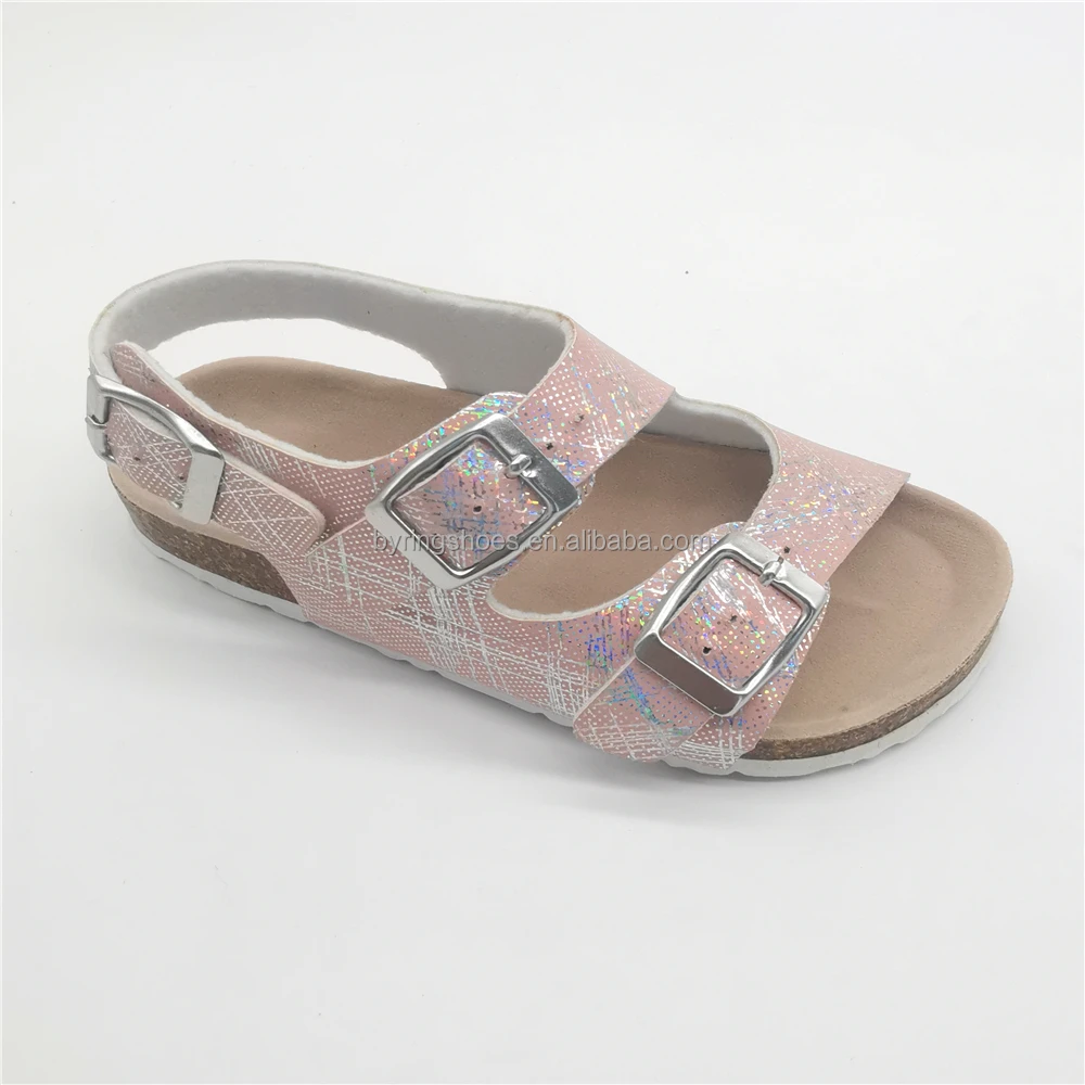Kids Girls Birk Style Flat Sandals With Glitter Upper And Comfort Cork ...