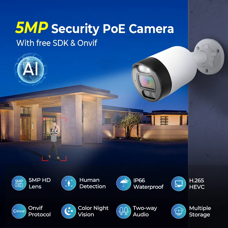 IP66 Waterproof 5MP POE Security Camera with AI Detection