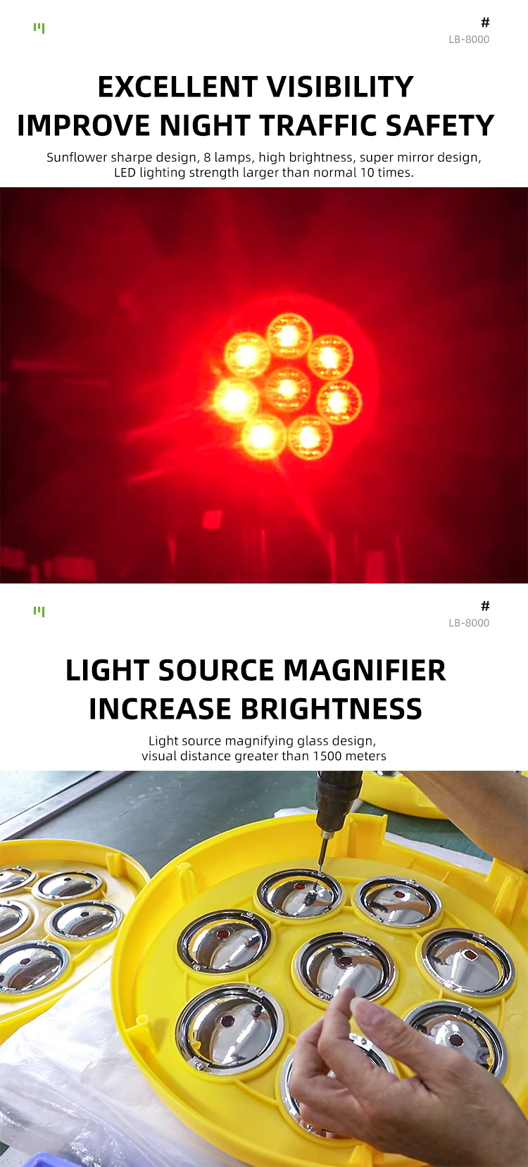 Yellow / Red Led Flashing Solar Power Sunflower Led Road Warning Safty ...