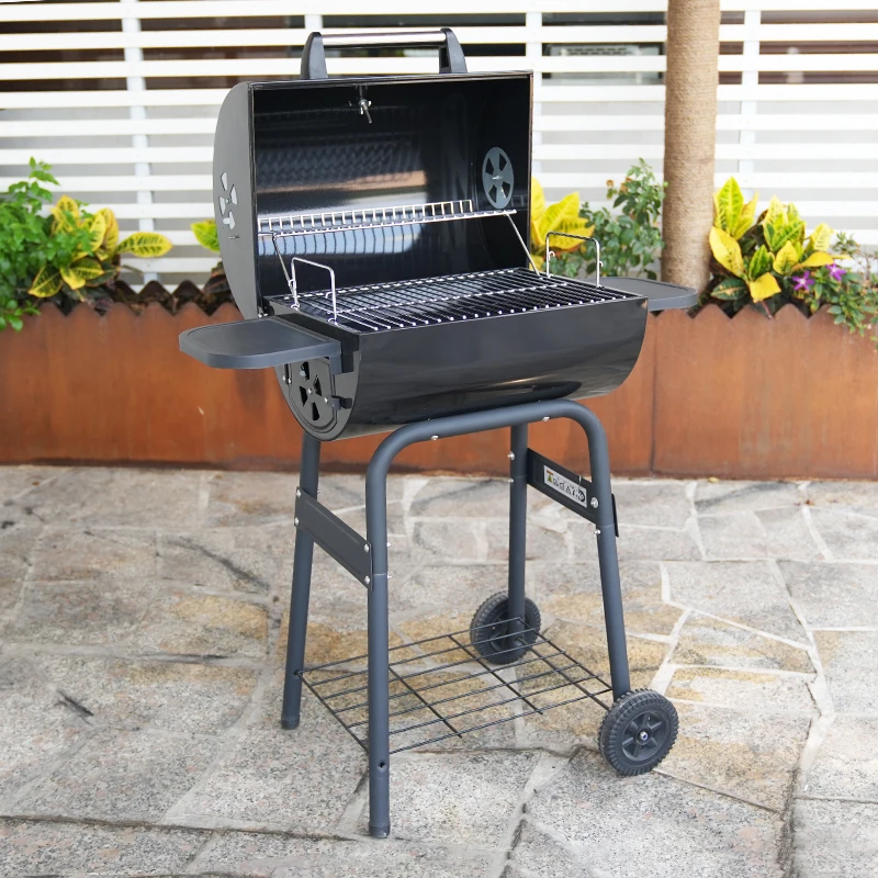 Black Outdoor Cooking Barrel Style Charcoal Bbq Grill With Two Side ...