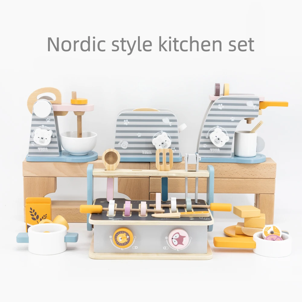 Wooden Mini Kitchen Set Wooden Bread Coffee Machine Toy Baby Cooking ...