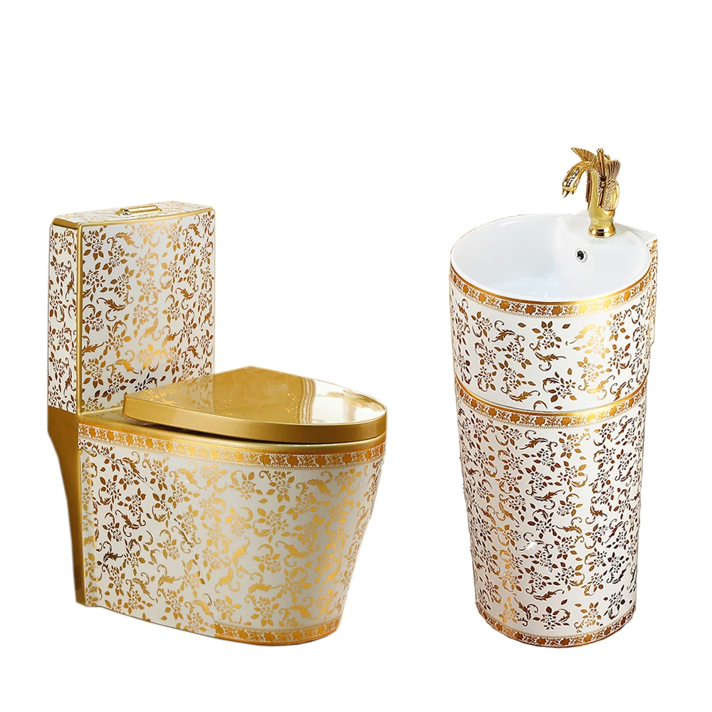 Royal Golden Bathroom Toilet And Pedestal Basin Ceramic Eleotroplated ...