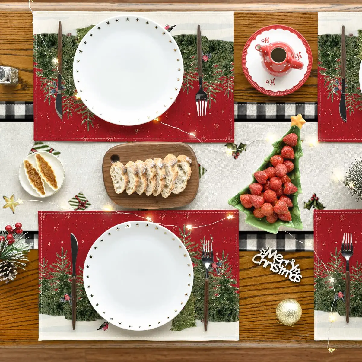 Christmas Placemat Buffalo Plaid Xmas Tree Santa Pattern Linen Table ...