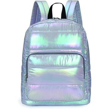 Women Holographic Quilted Puffer Metallic School Bookbag Backpack For ...
