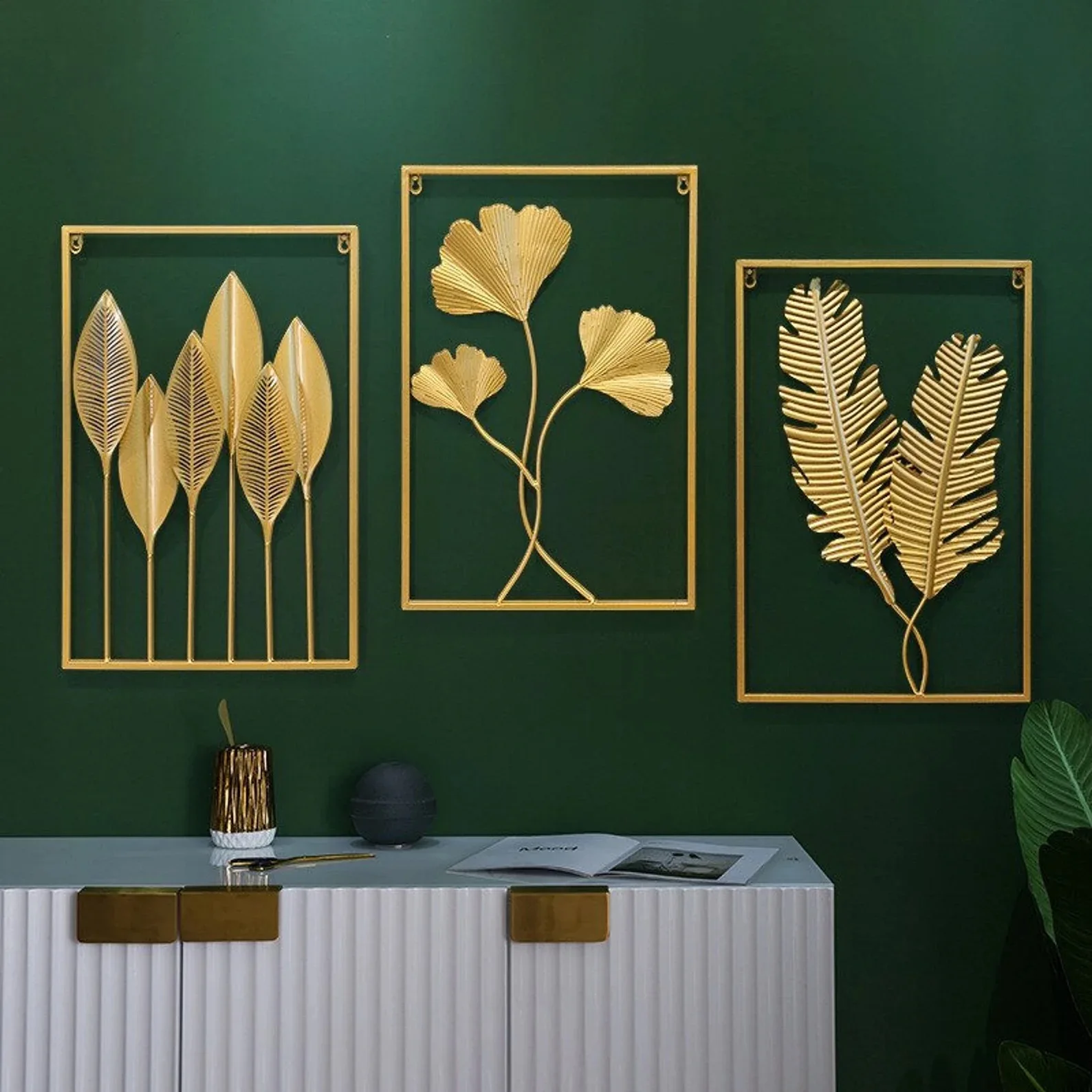 Gold Metal Wall Art Rectangle Living Room Wall Home Decor 3 Panels Leaf ...