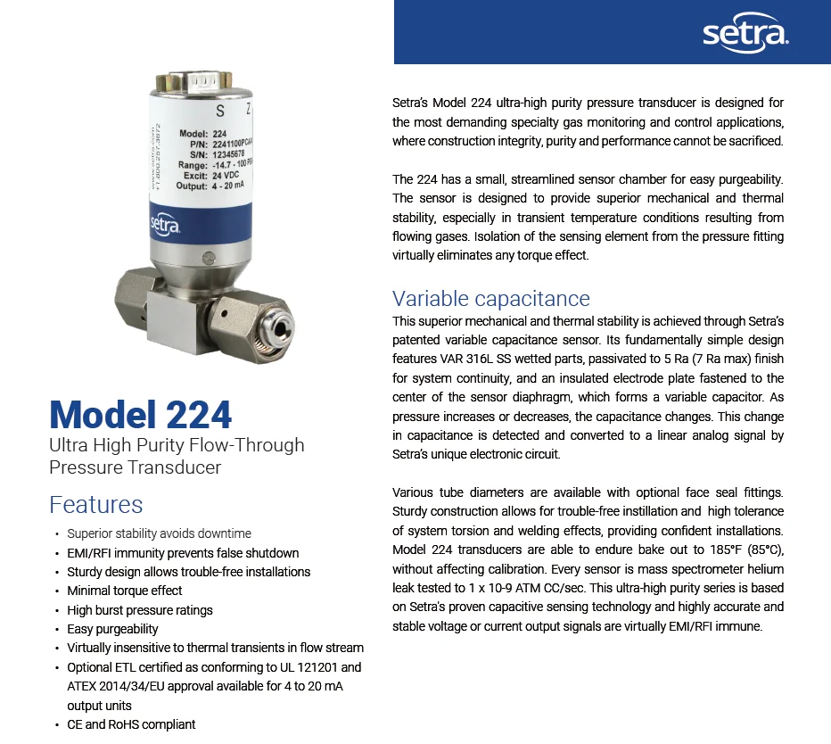 Setra Pressure Sensor Model 224 Ultra High Purity Flow-through Pressure ...