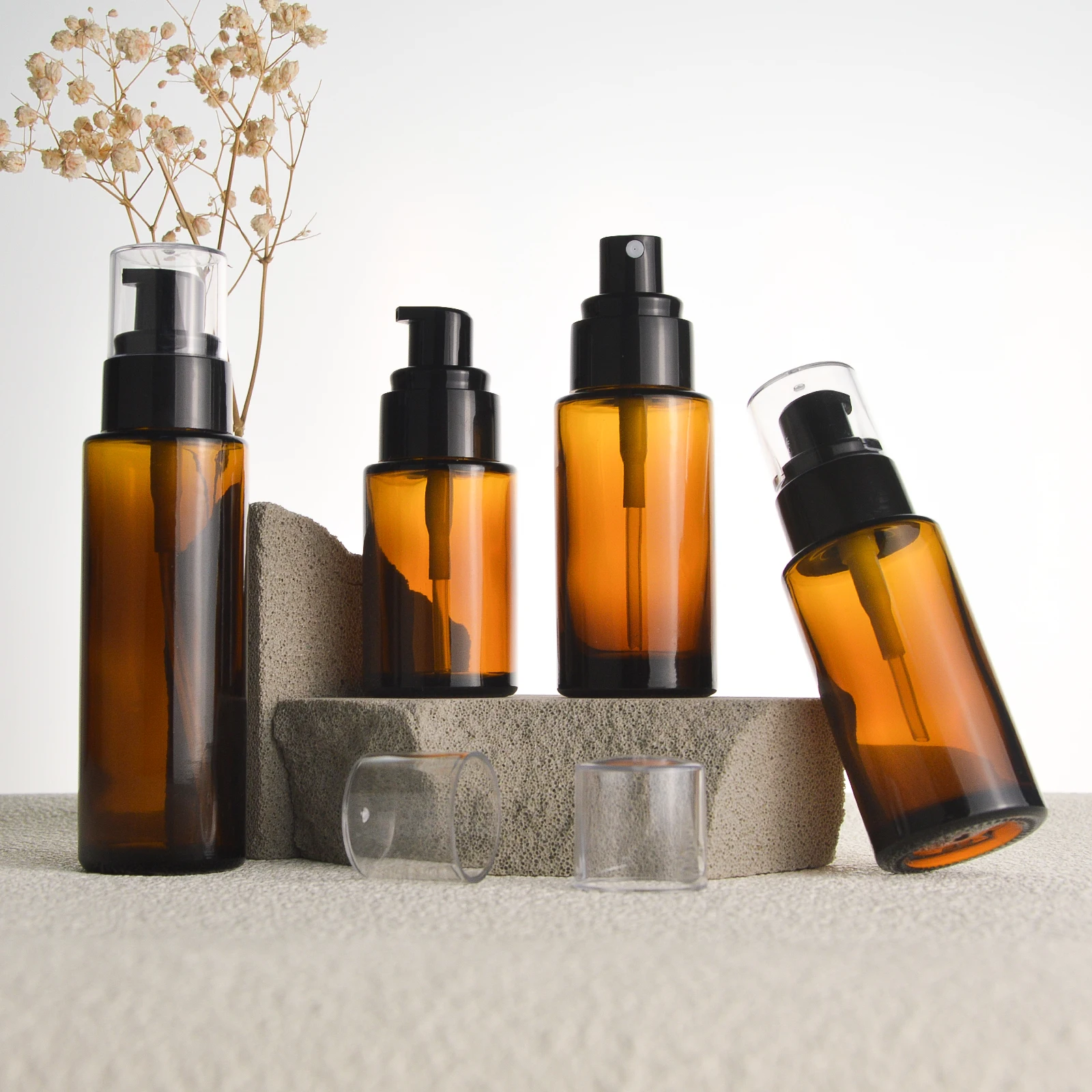 Hot Amber Glass Pump Bottles Flat Shoulder Refillable Spray Bottle For ...