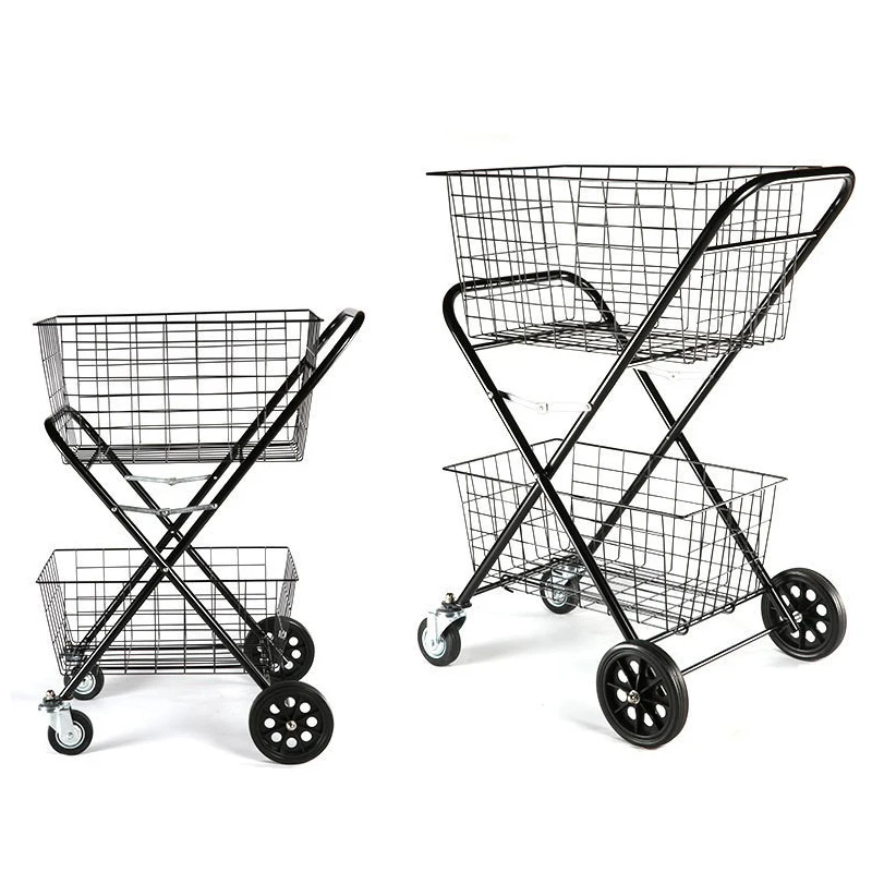 Iron Double Basket Folding Shopping Cart with Wheels - OEM/ODM