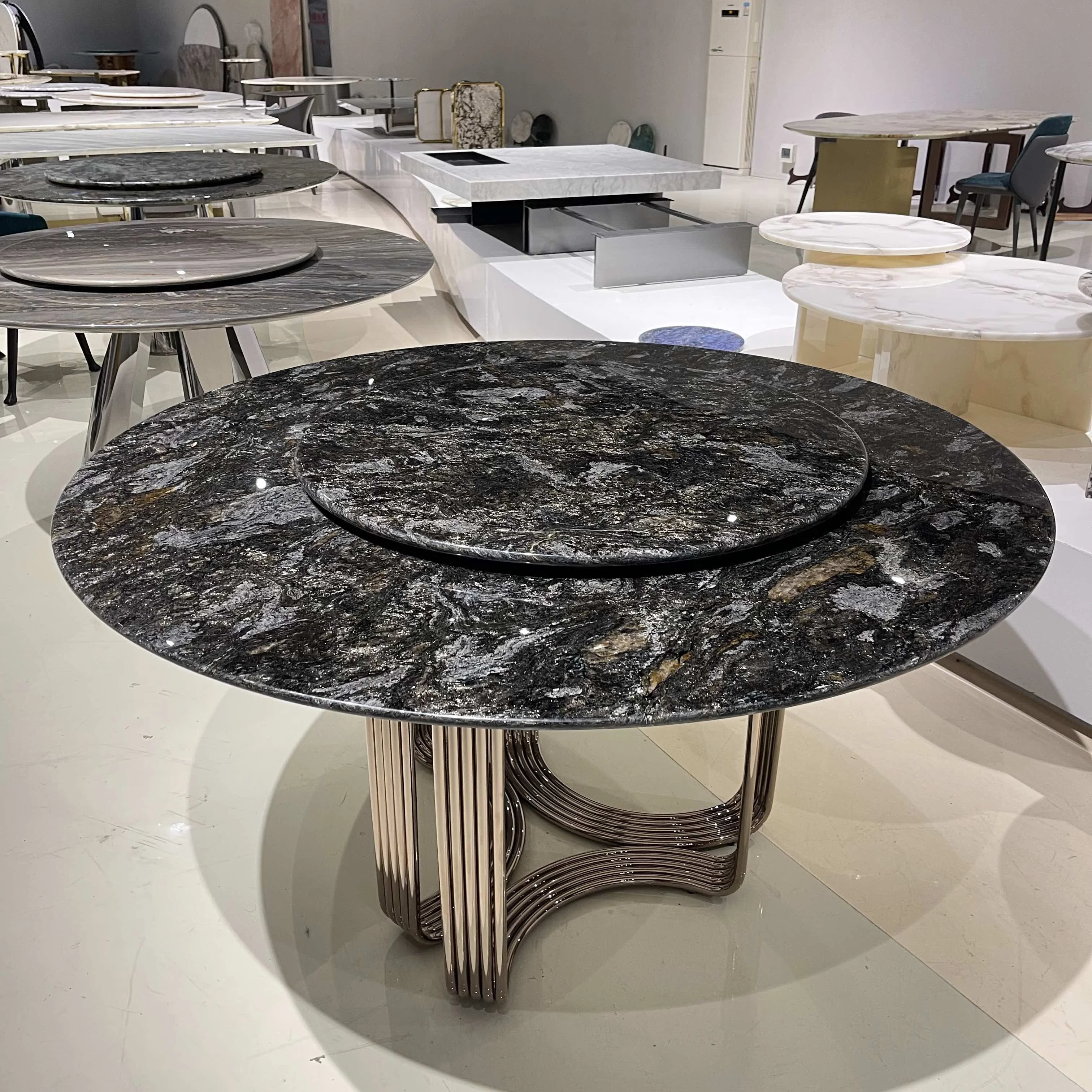 Luxury Slate Round Dining Table Multi-person With Turntable Dining ...