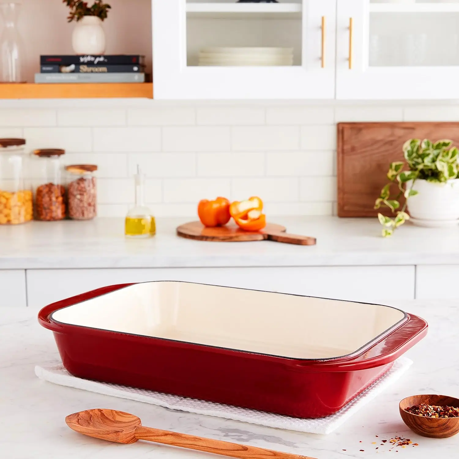 Cast Iron Enamel Rectangular Roaster Pan Red Baking Tray Baking Dish ...