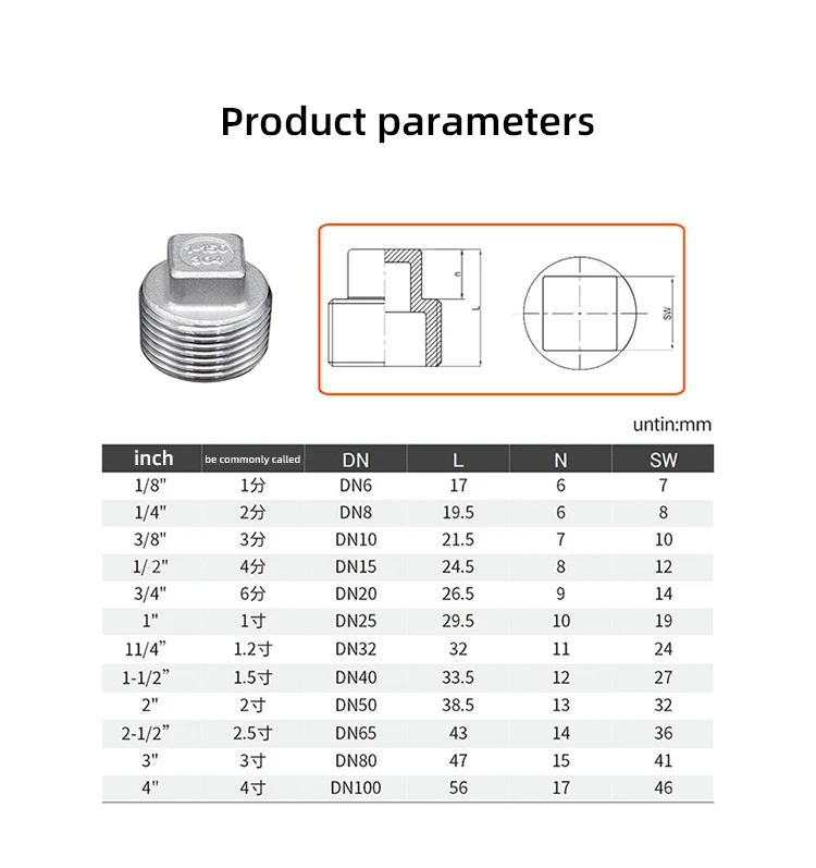 304Stainless Steel Hex Socket Plug ScrewStainless Square Plug Nipple ...