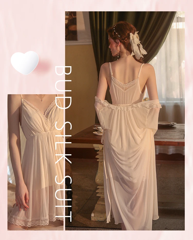 Elegant Sleepwear - Soft Gauze Mesh Lace Trim Nightgown