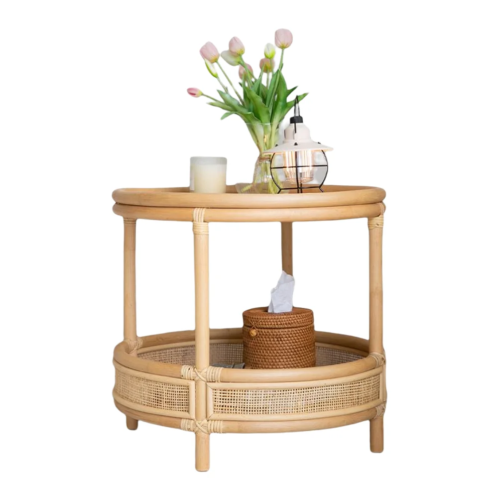 Multi-function Natural Rattan Side Table Vintage Wicker 2 Layer Round ...