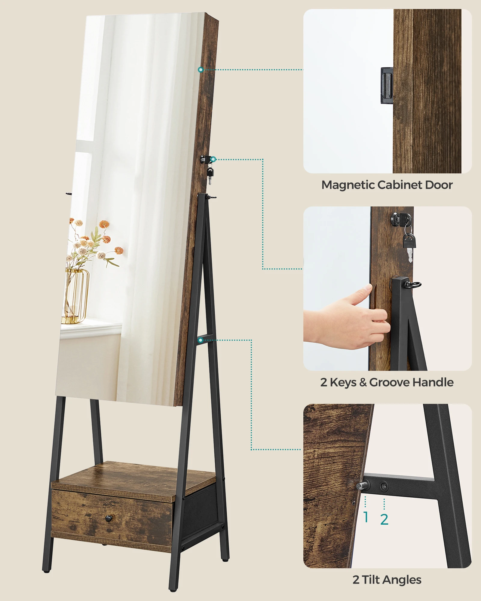 SONGMICS Standing Mirror Jewelry Cabinet Armoire Wooden With Drawer ...