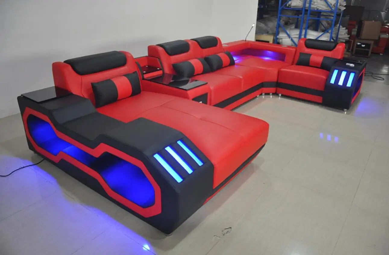 Modern Living Room Sofa Set - Genuine Leather & USB Speaker