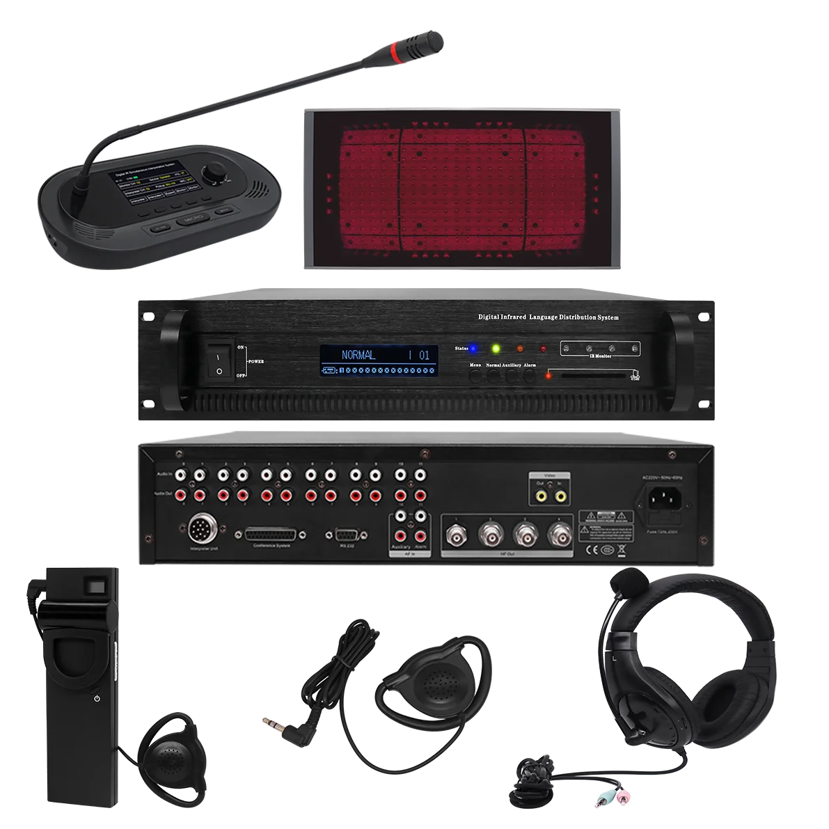 IR simultaneous interpretation system with console/transmitters/receiver/central unit and mic ...