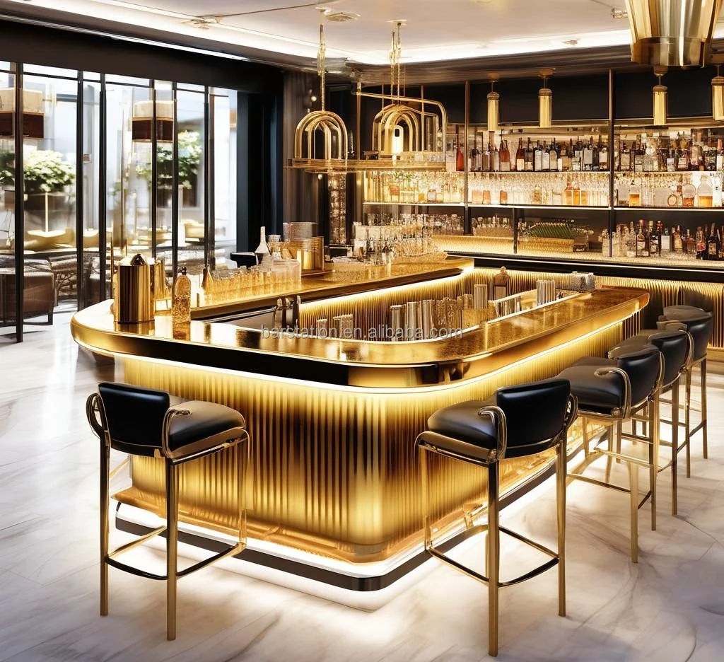 Stainless Steel Golden Bar Counter - Durable Cocktail Station