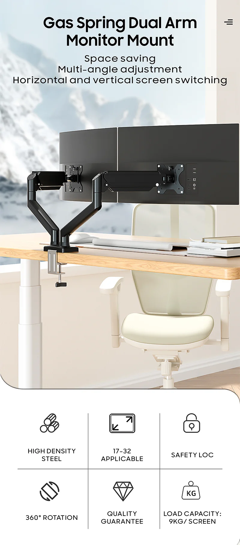 360 Rotation Height Adjustable Dual Arm Monitor Stand