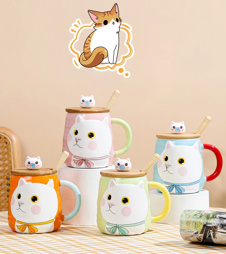 Cartoon Big Face Cat Ceramic Cup Wooden Cover Lid Mug Home Office Cup ...