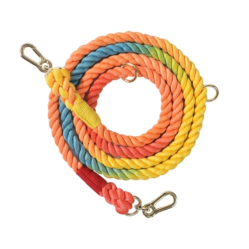 Multifunctional Dog Leash Rainbow Colorful Cotton Rope With Double Hook ...