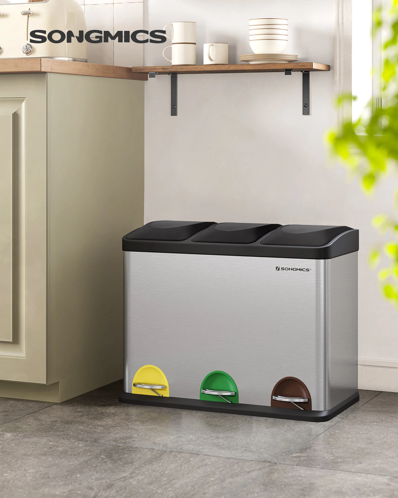 SONGMICS Stainless Steel Recycling Trash Bin - 45L