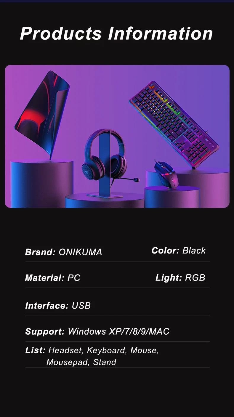 Onikuma 5 in 1 Gaming Combo - Headphones, Mousepad, Keyboard