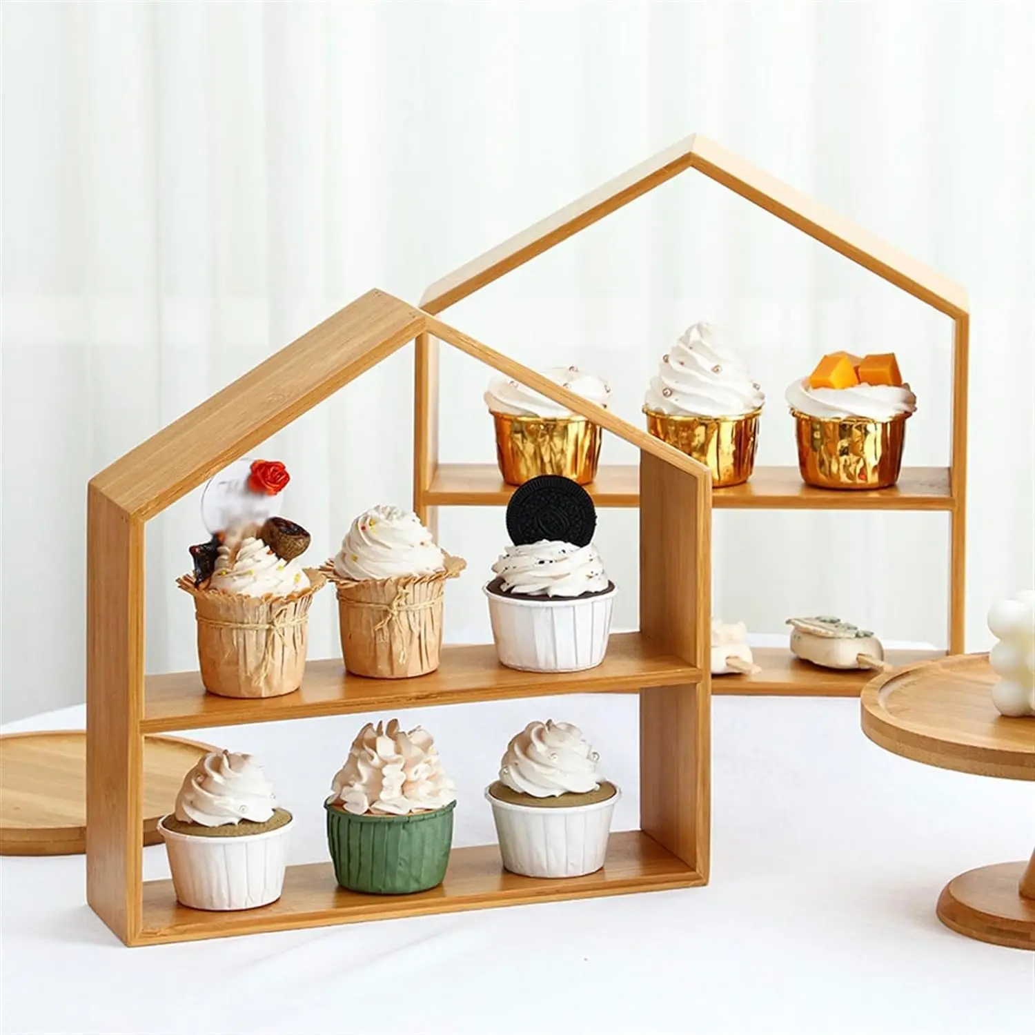 Modern Bamboo Buffet Table Food Holder Shelf Decoration 2-Tier Display ...