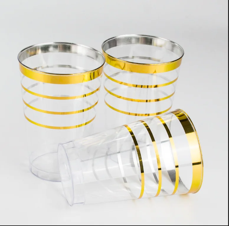 100 Pack Gold Plastic Cups Tumblers 12 Oz. Clear With Silver Swirl ...