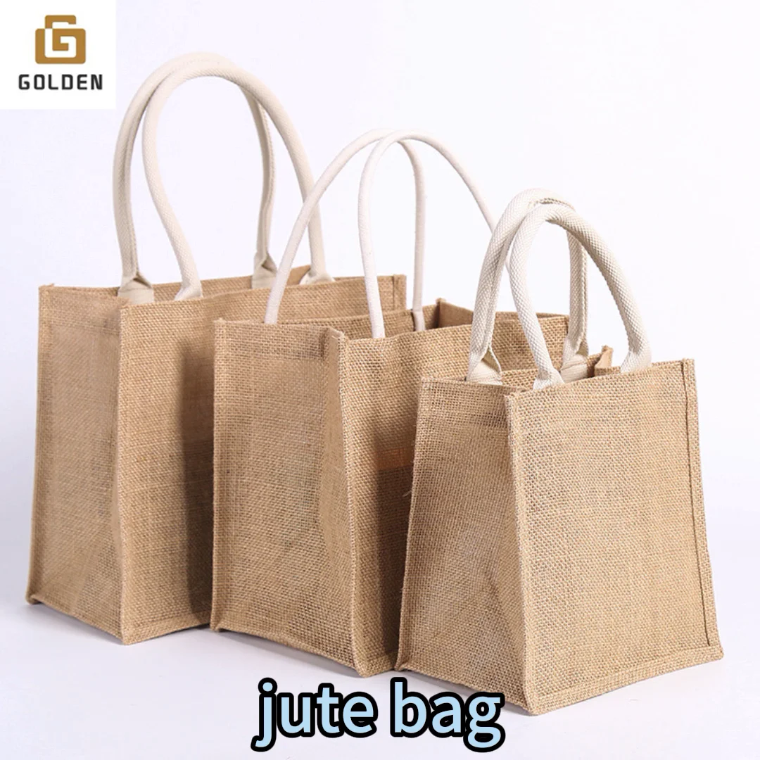 Golden Eco Friendly Laminated Burlap Reusable Linen Beach Bag Hessian ...
