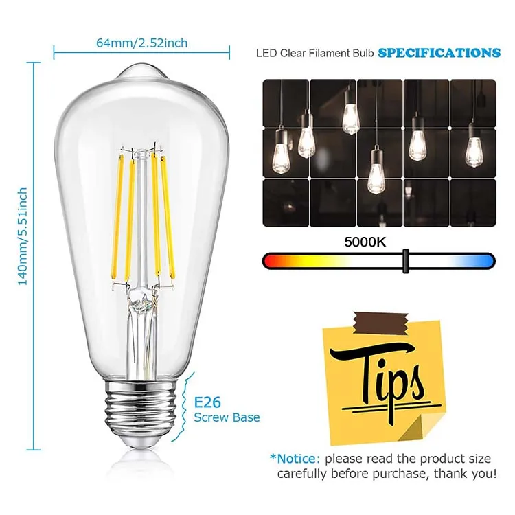 ST64 LED Light Bulb E26 E27 120V 220V Clear Glass LED Edison Vintage Style Lamp Filament Bulb ...