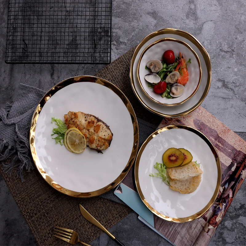 Simple Style Porcelain Factory Gold Rim Dinnerware Ceramic Plate And ...