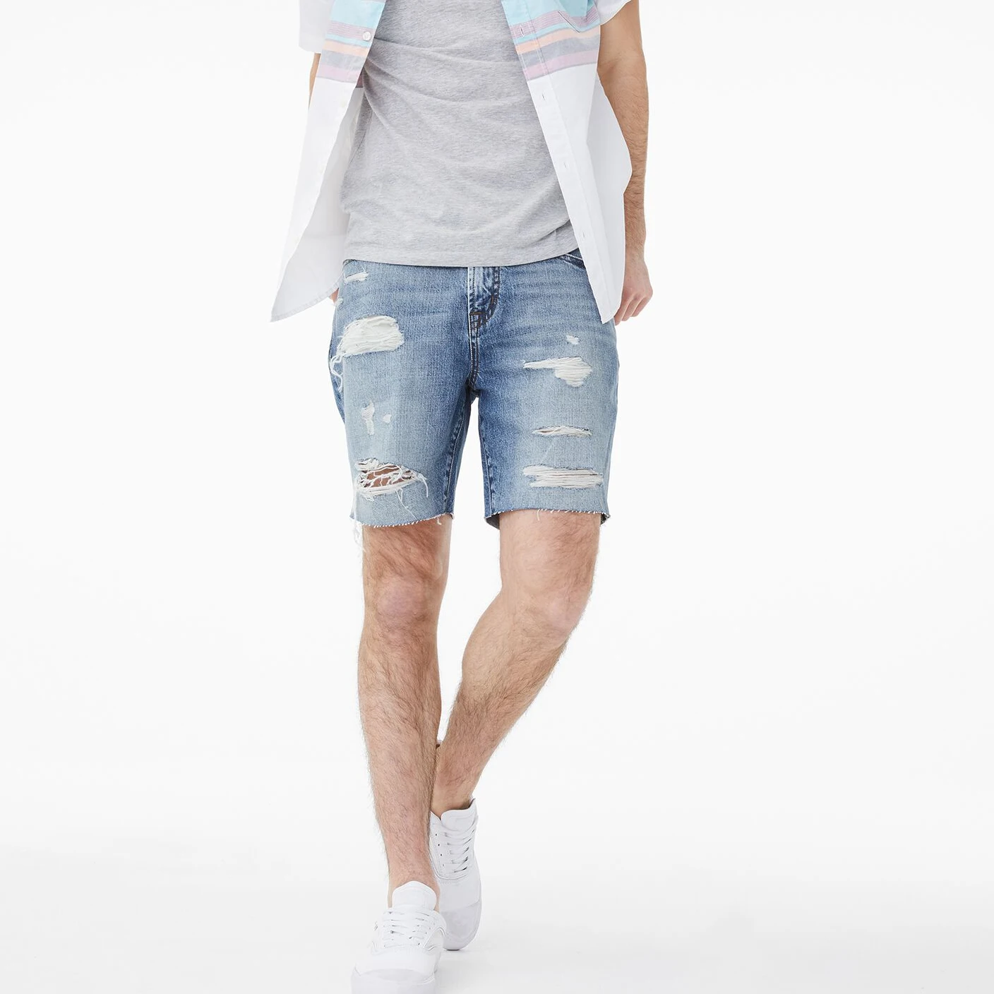 Custom Men's Ripped Destroyed Wash Short Jeans With Raw Hem Short ...