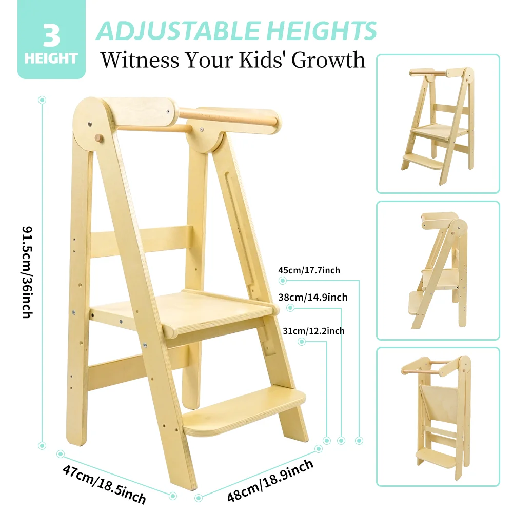 Wooden Fold Kitchen Stool Helper For Kids Toddler Adjustable Foldable ...